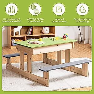 Costzon Kids Picnic Table, 3 in 1 Multipurpose Sand & Water Table w/Removable Top & 2 Storage Boxes, Wooden Construction, Bench Set for Indoor & Outdoor, Patio, Yard, Activity Play Table (Natural)