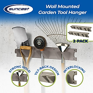 Suncast V724 2 Foot Wall Mount Keeps Up to 6 Tools Holds Up to 60 pounds Easy Assembly Long Handled Garden Tool Hanger Organizer, 2 Pack