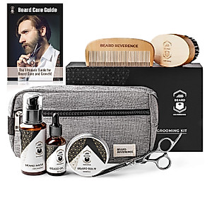 Beard Reverence Premium Beard Grooming Kit for Men Care w/Upgraded Travel Bag – All-Natural Beard Oil, Beard Balm Butter Wax, Beard Wash, Scissors, Comb, Boar Bristle Brush with Gift Set Box