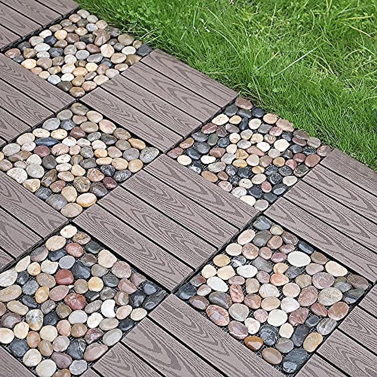 PURE ERA Natural Real Stone Interlocking Floor Deck Tiles Polish Pebble Tile Indoor Outdoor Use 12"x12" (4Pcs, 4 sq. Ft, Polished Mixed Color)- Great Upgrade to Patio Backyard Pathway