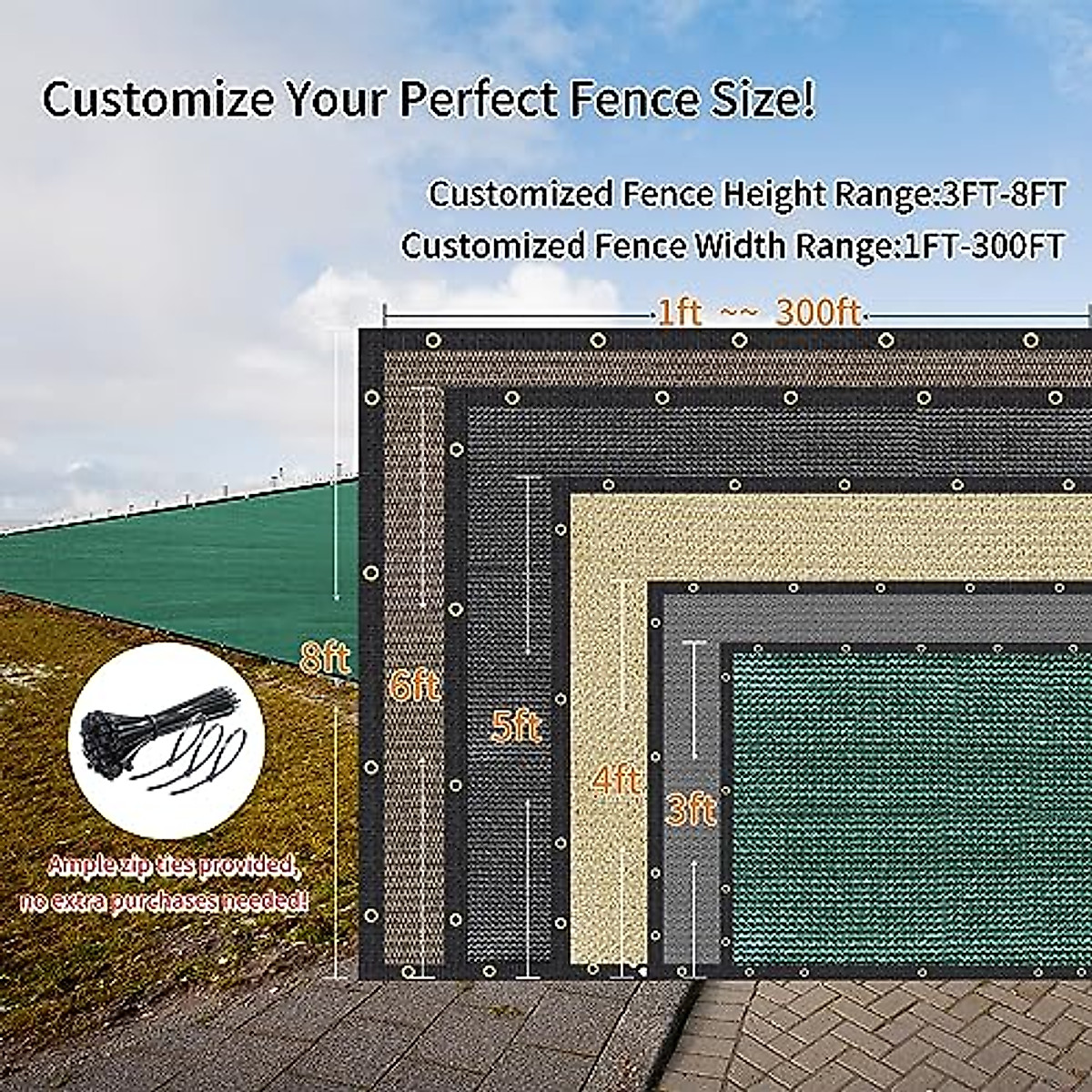 Sunocity 8ft x54ft Customized Size Privacy Fence Screen, 90% Blockage Heavy Duty 170 GSM Fencing Mesh Net Cover for Outdoor Wall Garden Yard Backyard Cable Zip Ties Included Dark Green