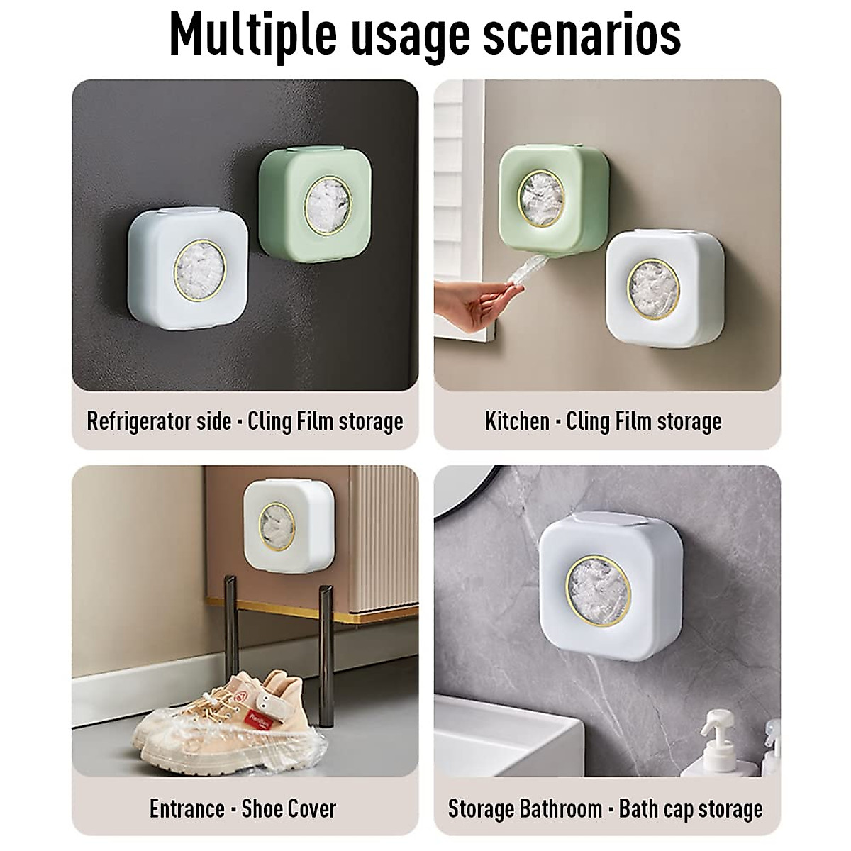 Elvaesther Wall Wrap Storage Box Dispenser, Plastic Fresh Keeping Bag Storage Box Wall Mounted Cling Film Storage Box with 300 Food Cling Film Removable Cling Film Box