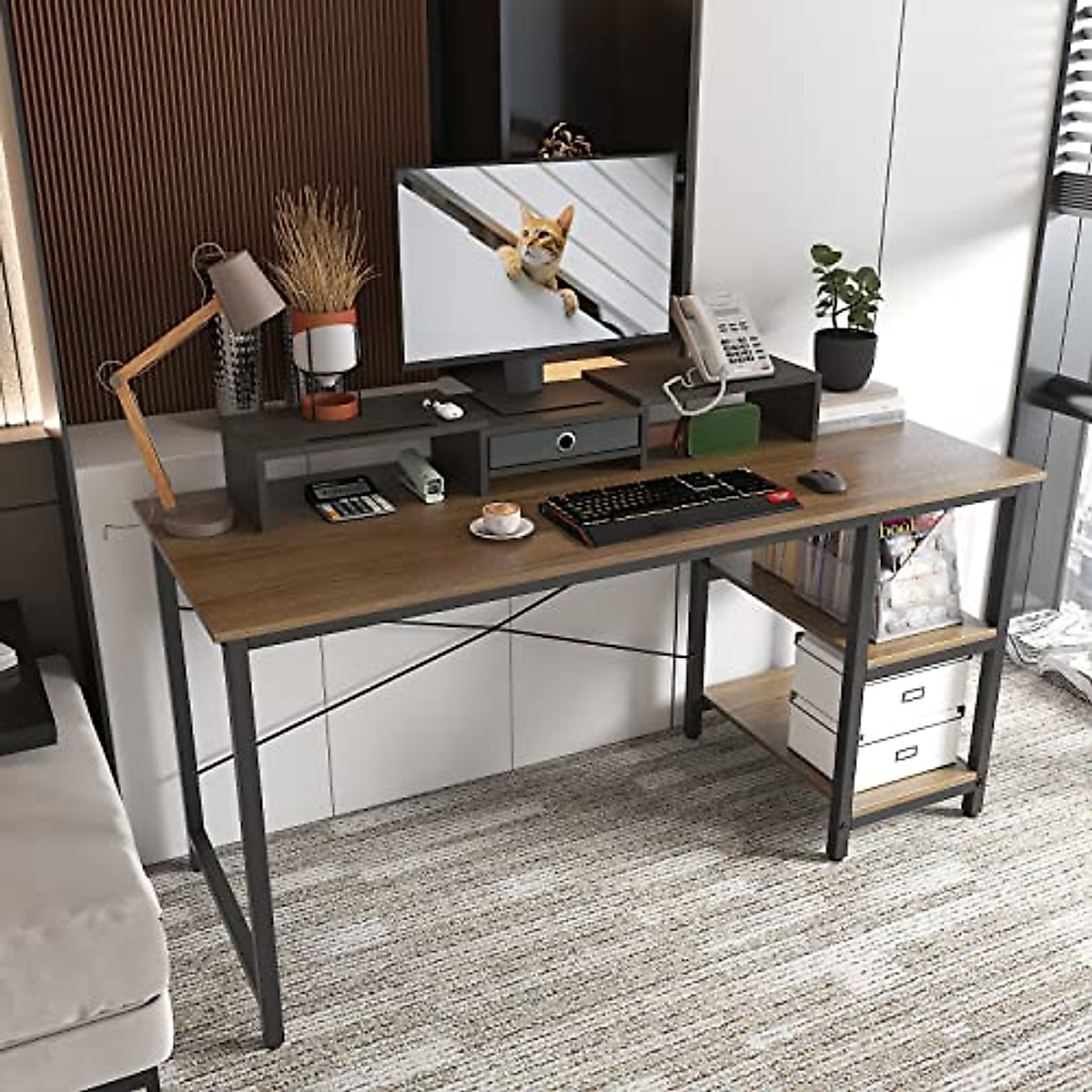 WESTREE Dual Monitor Stand Riser with Drawer, 3 Shelf Computer Monitor Riser with Adjustable Length and Angle, Desktop Monitor Stand Riser Storage Organizer for 2 Monitors