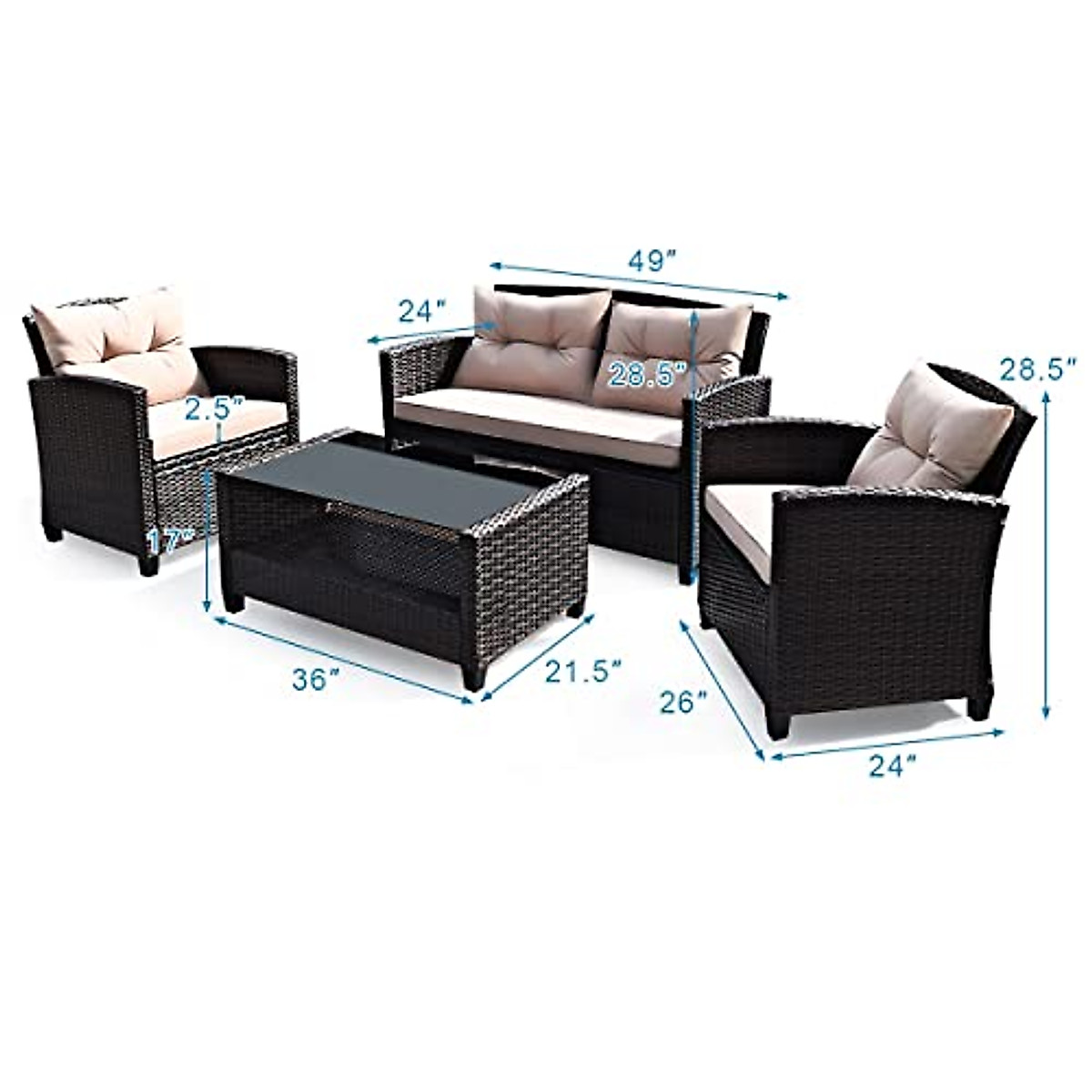 LUKEO 8PCS Outdoor Rattan Furniture Set Cushioned Sofa Armrest Table Single Sofa Loveseat