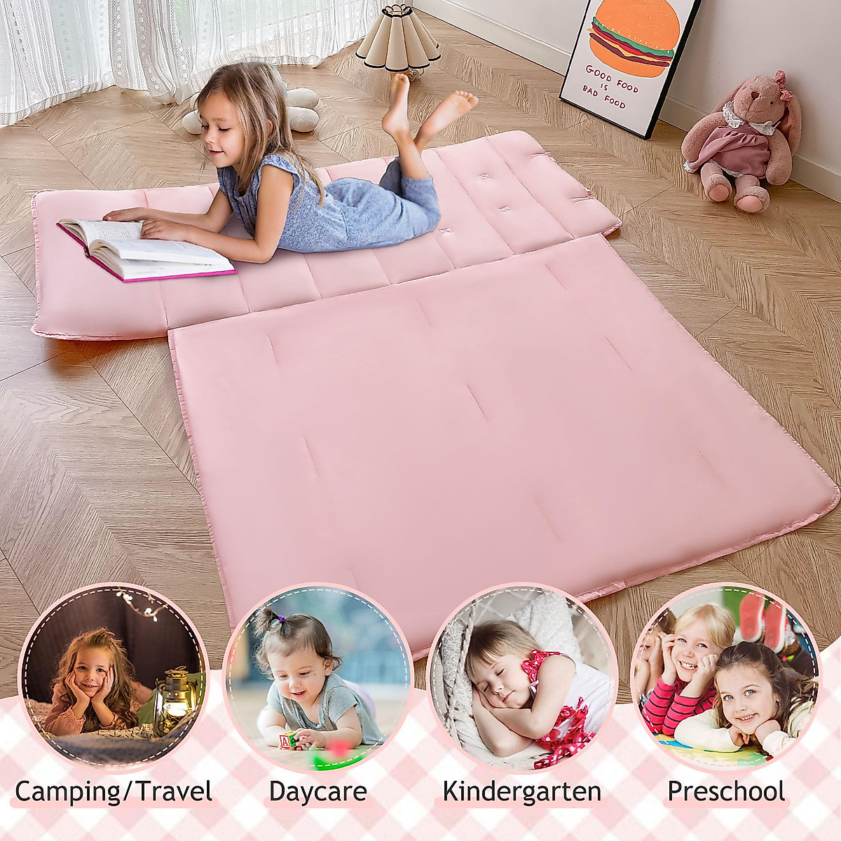Tufted Toddler Nap Mats for Preschool Daycare Girls Pink Jacquard Tufts Kids Sleeping Mats Toddler Slumber Bag Nap Pad with Removable Pillow for Girls Boys Kindergarten Sleepovers Travel and Camping