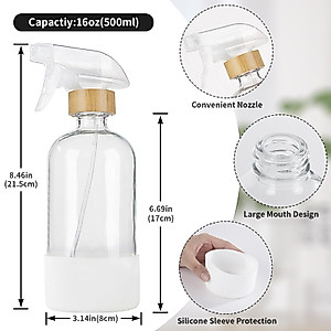 HOMBYS Empty Bamboo Glass Spray Bottles with Silicone Sleeve Protection - Refillable 17 oz Clear Glass Containers for Cleaning Solutions, Essential Oils, Misting Plants - Quality Sprayer - 3 Pack