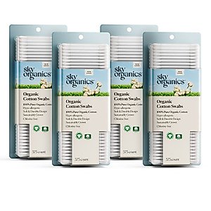 Sky Organics Organic Cotton Swabs for Sensitive Skin, 100% Pure GOTS Certified Organic for Beauty & Personal Care, 4 Pack with Ebook