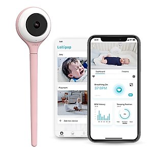 Lollipop Baby Monitor with True Crying Detection (Cotton Candy) - Smart WiFi Baby Camera - Camera with Video, Audio and Sleep Tracking Bundled with Portable Pacifier Holder