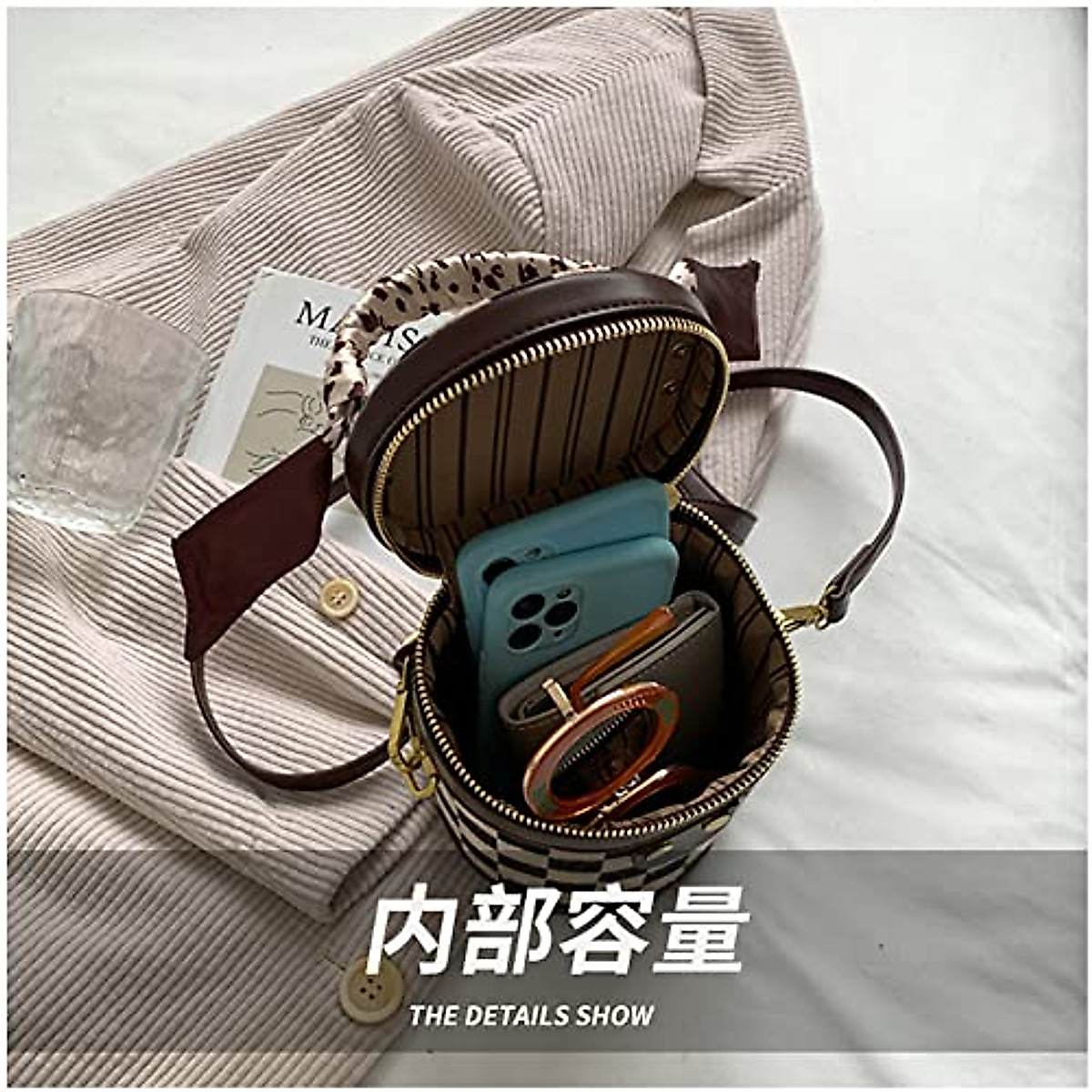 Fashion Cute Top Handle Flap Crossbody Bag for Women Classic Retro Plaid Bucket Cylinder Bag Shoulder Bag Purse (Brown)