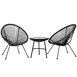 Arlopu 3-Piece Outdoor Acapulco Chairs Patio Conversation Bistro Set, with Plastic Rope, Glass Tabletop, All-Weather Rattan Woven Rope Mid-Century Modern Style Furniture Chat Set (Black)