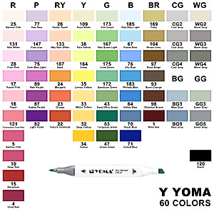 Y YOMA 60 Colors Alcohol Markers Dual Tip Markers Brush Tip Set, Unique Colors (1 Marker Case) Alcohol-based Ink, Fine & Chisel, White Penholder
