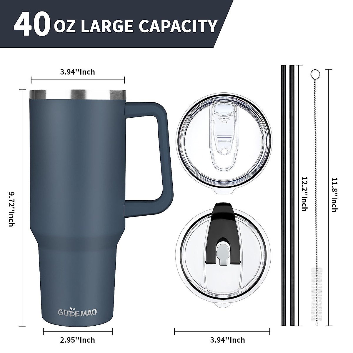 GUDEMAO 40 oz Tumbler with Handle, Insulated Tumbler with Lid and Straw, Reusable Stainless Steel Vacuum Insulated Cup, 100% Leak Proof Thermal Travel Coffee Mug Cup for Cold and Hot (Deep Blue)