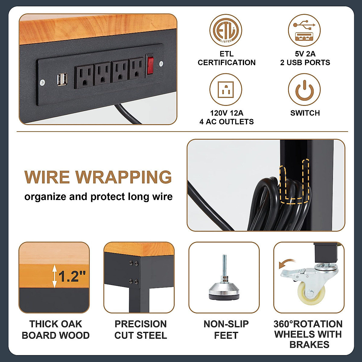 AHB 60" Rolling Workbench Adjustable Height, Oak Wood Work Table with Power Outlets, Max 2000 LBS, Heavy Duty Workstation for Garage Office Home, with Wheels & Feet(Black 60"x 22")