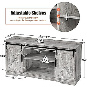Amyove Farmhouse Stand for 65 Inch TV, Entertainment Center TV Media Console Table, Tall Stand with Storage, Barn Doors and Shelves, Grey Modern Cabinet Furniture for Living Room