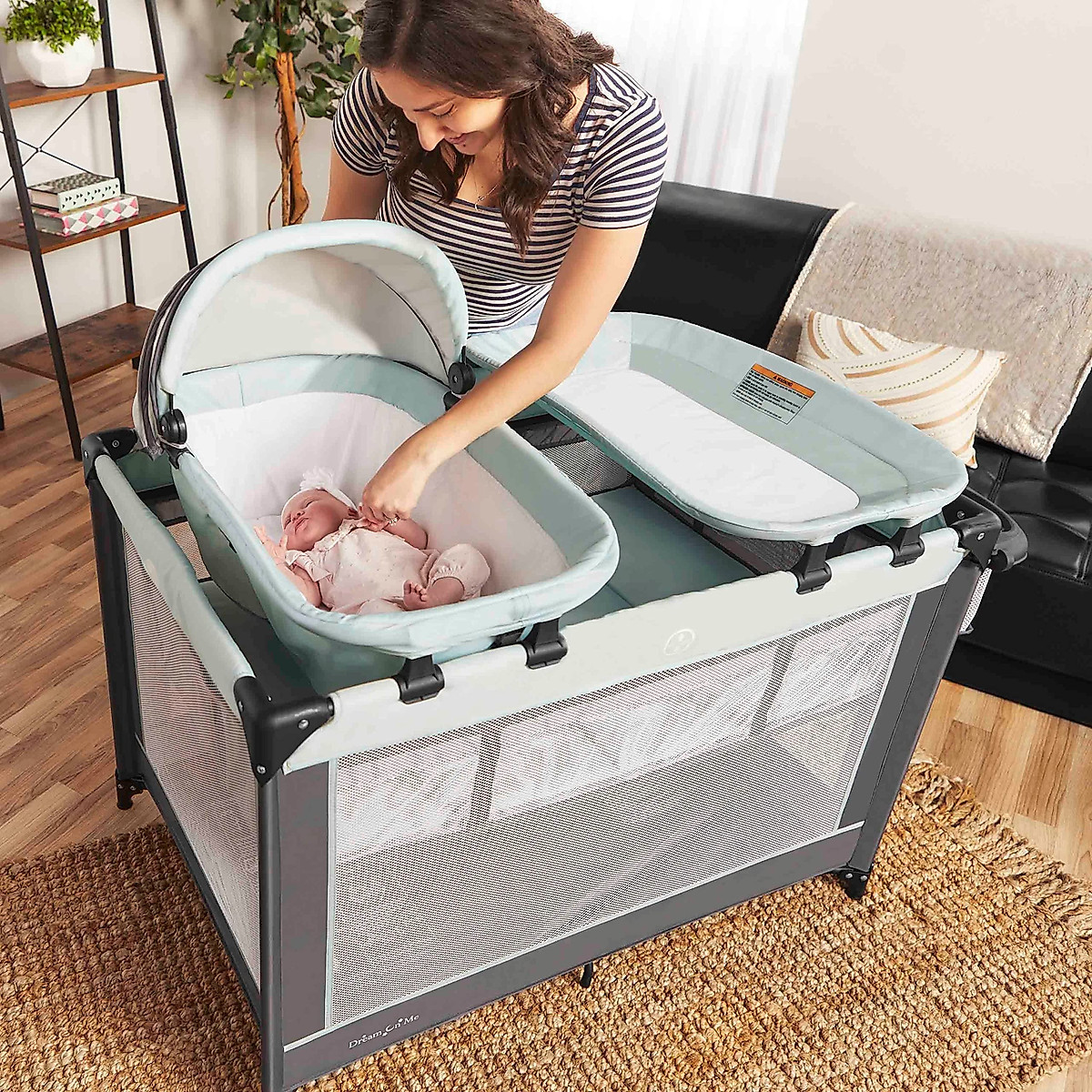 Dream On Me Lilly Deluxe-Playard in Green Bay with Full Bassinet, Changing Tray and Infant Bassinet | with Canopy | Waterproof Fabric | JPMA Certified | Lightweight