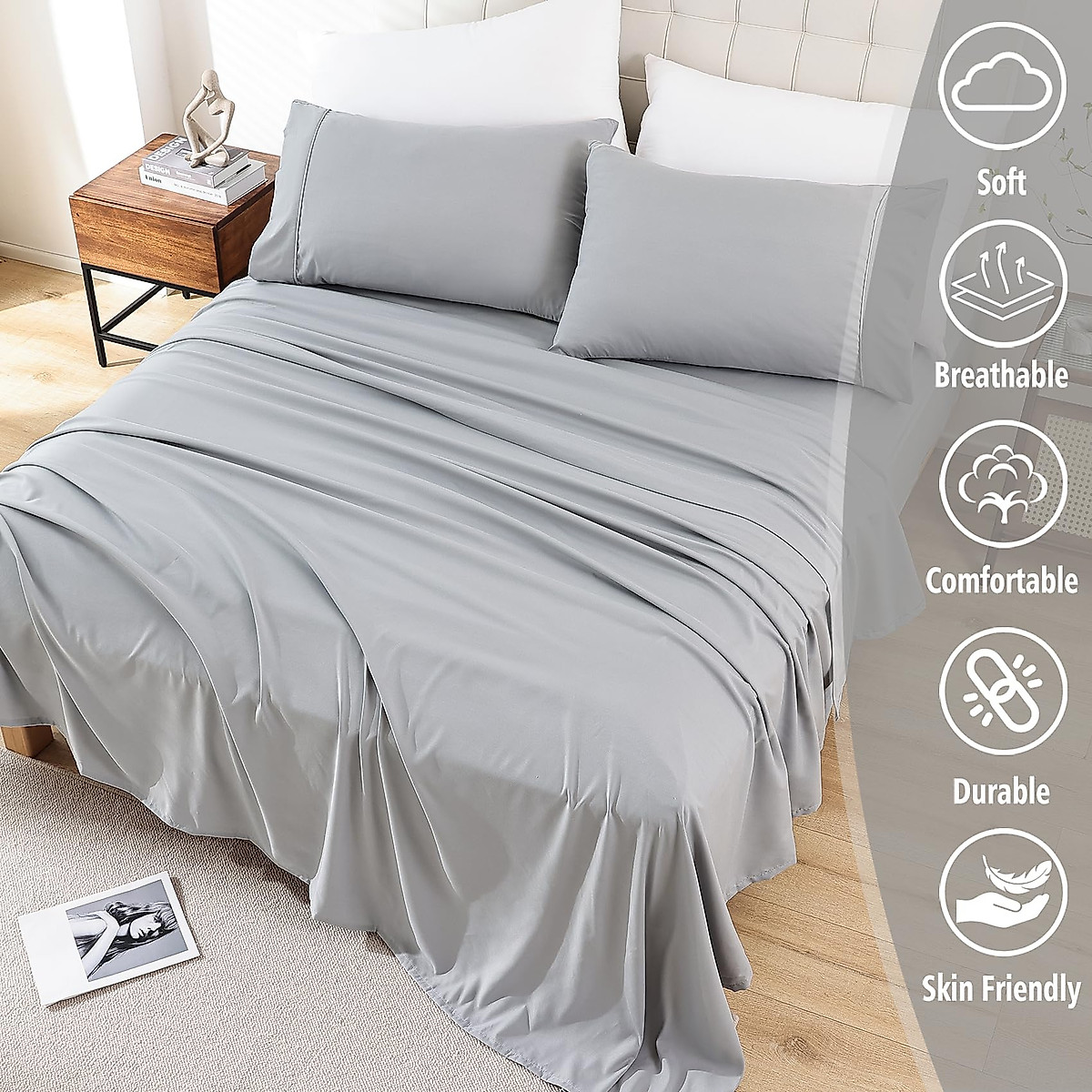 Whitney Home Textile Twin Size Sheet Set - Luxury Soft Comfy Bed Sheets, Breathable Cooling Hotel Bedding for Women, Men, Teens, Extra Deep Pocket, Easy-Fit, Oeko-Tex, Wrinkle Free 3 Piece - Grey
