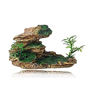 FEDOUR Aquarium Small Mountain View Stone Ornament, Moss Tree Rock Cave Landscape Artificial Fish Tank Decoration, with 6pcs Plants (Ash Browns)