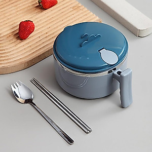 LLSB Stainless Steel Noodle Bowl with Lid Fast Food Cup Rice Bowl Spoon Chopsticks Cutlery Set