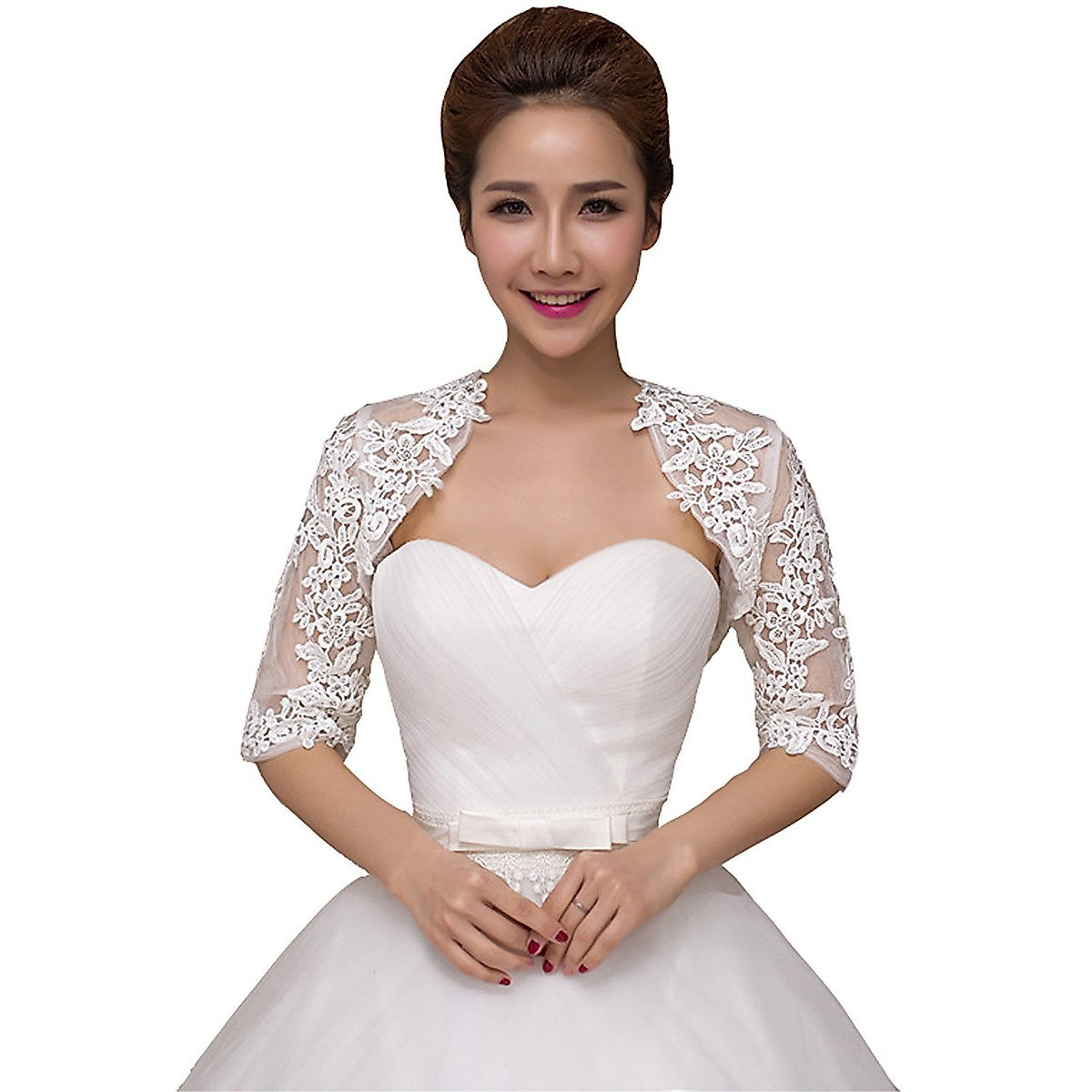 Women's Wedding Jackets Lace Bridal Bolero Shawl Tulle Cape for Bride Bridesmaid Wrap Shrug (One Size, Half Sleeve Ivory)