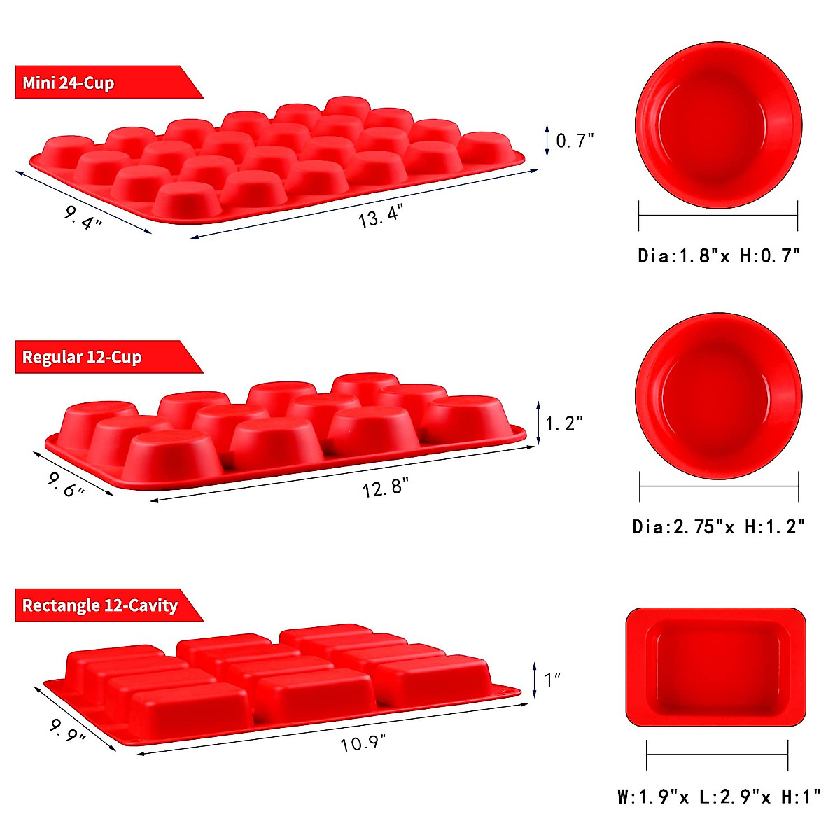Silicone Muffin Pan - Silicone Molds Including Mini 24 Cups, Regular 12 Cups Muffin Pan & 12 Cavities Mini Loaf Pan 3-in-1 Set for Egg Muffin, Cupcakes, Brownies, Fat Bombs
