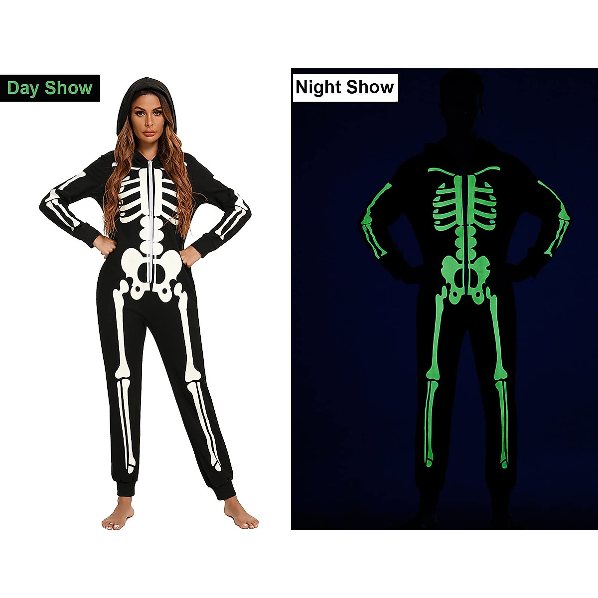 Veseacky Novelty Adult Glow in The Dark Skeleton Zipper Jumpsuit Pajamas for Family Long Sleeve Rompers Hooded with Pockets XX-Large