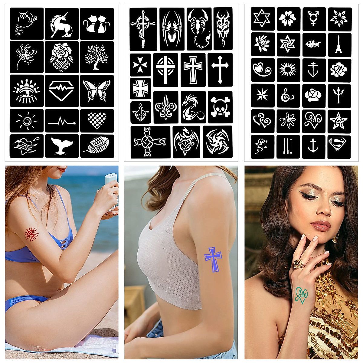 Qpout Tattoo Stencils For Kids Adults, 16 Sheets Henna Tattoo Stencil Kit, Small and Big Tattoo Stencils Designs, Tattoo Stencils for Real Tattoos, Skeleton Spider Owl Flower Butterfly Tribal Totem