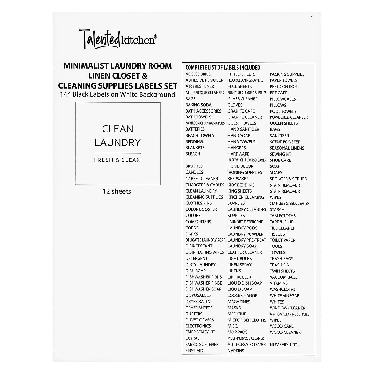 Talented Kitchen 144 Minimalistic Laundry Room Labels for Glass Jars, Preprinted Linen Closet Stickers for Containers, Bathroom Organization, Cleaning Supplies (Black)