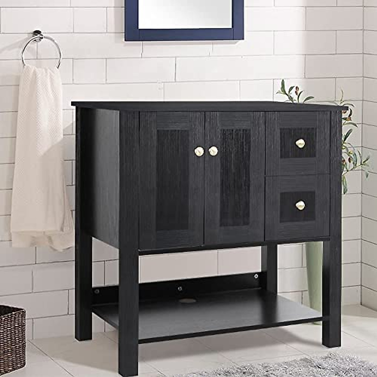 eclife 32" Bathroom Vanity Sink Combo Black Cabinet Vanity Brown Round Tempered Glass Vessel Sink & 1.5 GPM Water Save Faucet & Solid Brass Pop Up Drain (A09 V004)