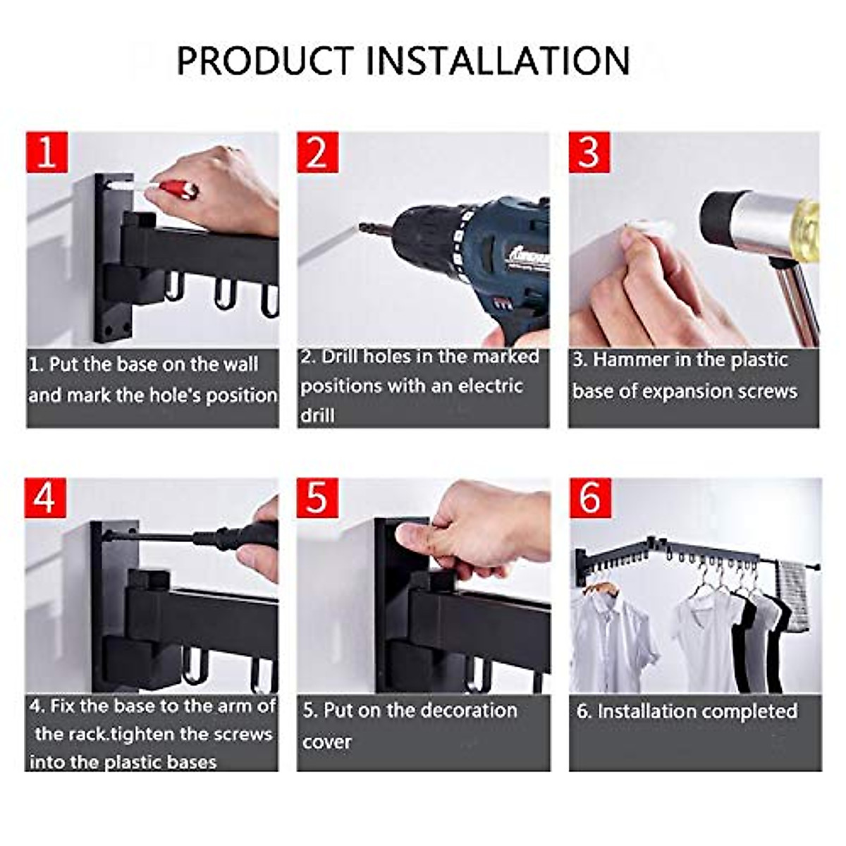 MYOYAY Wall Mounted Folding Clothes Hanger Space-Saver, Indoor/Outdoor Adjustable Clothes Drying Rack, 220 LBS Retractable Dry Coat Hanger for Laundry Room, Storage Organiser Instant Closet,Black