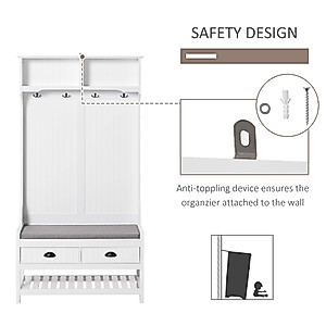 HOMCOM 3-in-1 Hall Tree, Entryway Bench with Coat Rack, Mudroom Bench with Shoe Rack, 2 Storage Drawers, 4 Hooks and Padded Seat Cushions for Hallway, White