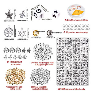 Heflashor 1900pcs Letter Beads for Bracelets 9 Color Acrylic Cube Square Alphabet Number Beads A-Z and Heart Beads with 1 Roll Elastic Crystal String Cord for Jewelry Making/Necklaces,6 X 6mm