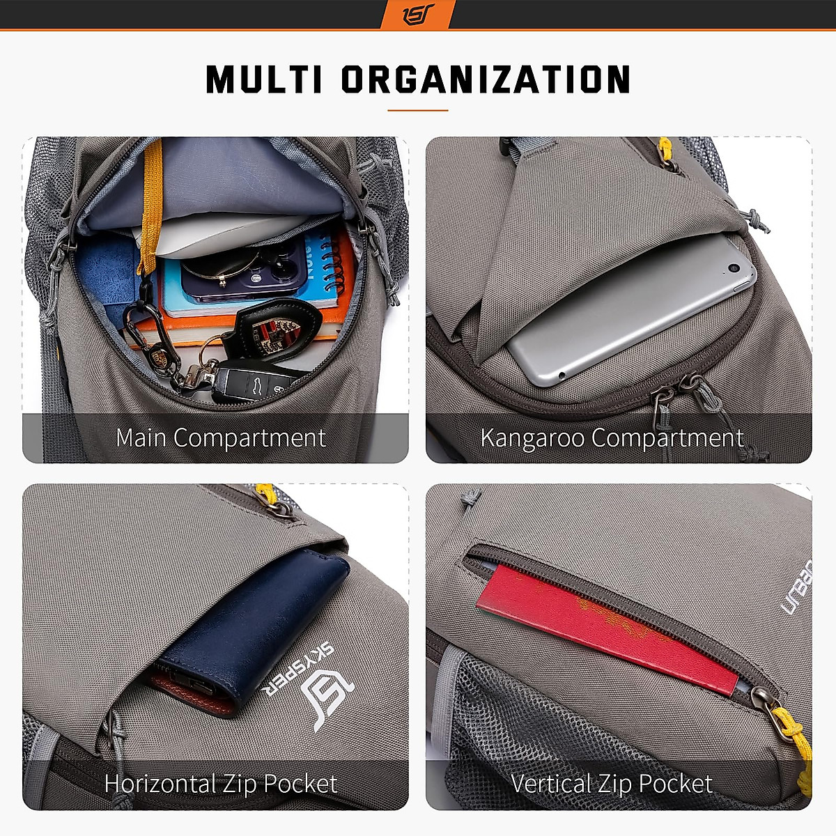 SKYSPER Sling Bag Crossbody Backpack - Chest Shoulder Cross Body Bag Travel Hiking Casual Daypack for Women Men(Khakigrey)