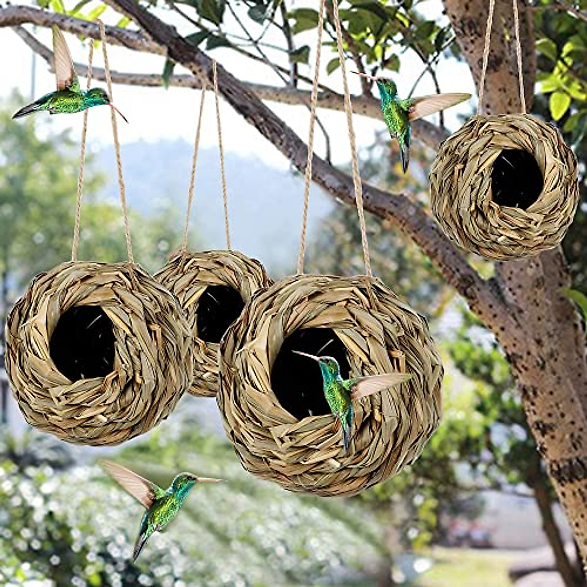 winemana 4 Pack Hanging Hummingbird Nest House for Outside, Ball Shape, Hand Woven, Durable Sturdy, Made of Natural Grass, Perfect for Garden Patio Lawn Office Indoor