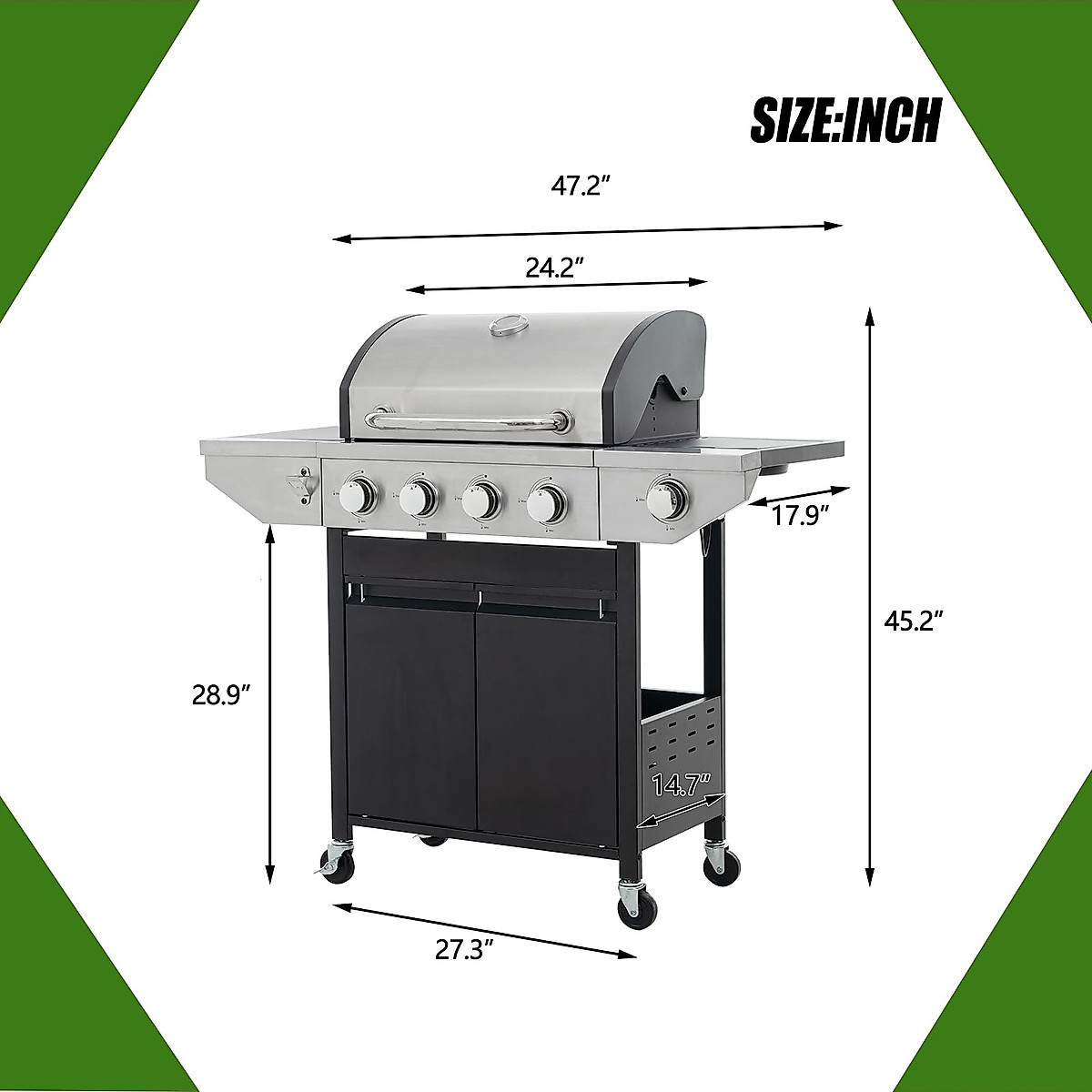 4-Burners Propane Gas BBQ Grill with Side Burner and Thermometer, Cart Style Outdoor Stainless Steel Cooking Barbecue Propane Grill for Backyard Barbecue Camping