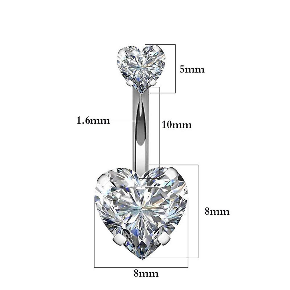 YHMM 14G Surgical Steel Belly Button Rings Double Heart Cubic Zirconia Navel Barbell Stud Body Piercing (A: Silver Tone)