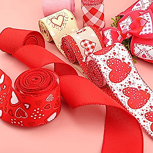8 Rolls Heart Burlap Ribbon 2.5" Valentine's Day Ribbon Red Pink Buffalo Plaid Wired Edge Heart Love Ribbon for Gift Wrapping Wedding Anniversary Home Decor Floral Bows Wreath Craft and DIY, 40 Yards