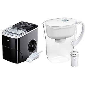 Silonn Ice Maker Countertop & Brita Water Filter Pitcher for Tap and Drinking Water with 1 Standard Filter, Lasts 2 Months, 6-Cup Capacity, BPA Free, White