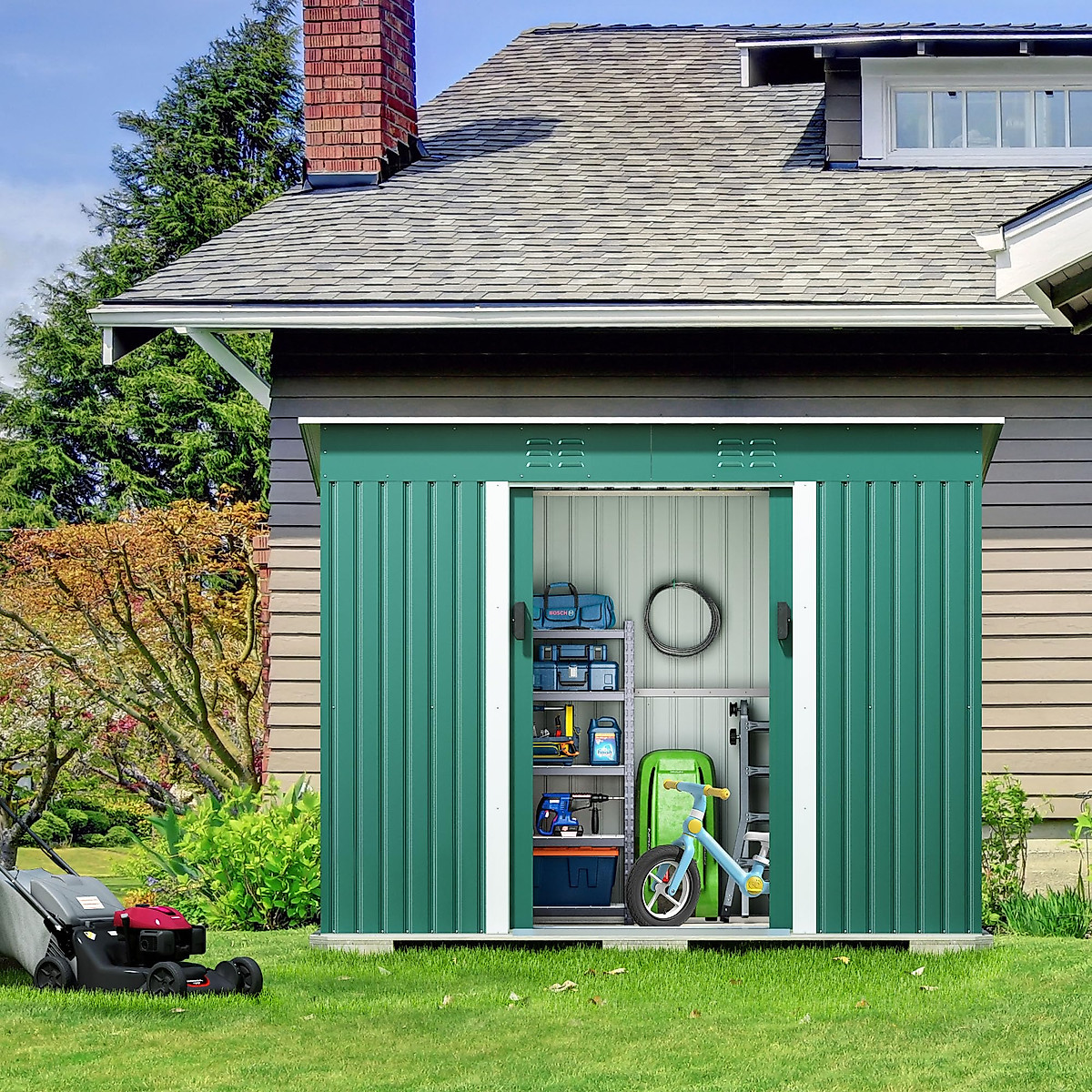 Generic 4.2 x 9.1 Ft Outdoor Storage Shed, Metal Tool Shed with Lockable Doors Vents, Utility Garden Shed for Patio Lawn Backyard (Green)