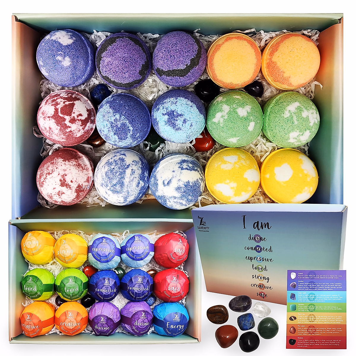 Chakra Healing Gemstones Bath Bombs. 15 Essential Oil Bath Bombs. Real Chakra Stones Bath Bombs for Adults. Perfect for Yoga Lovers. Meditation, Balancing, Positive Energy, Sleep, Reiki & Yoga Lovers