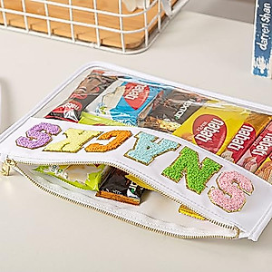 HANAMO Chenille Letter Clear Bag Snacks, Snacks Bag Chenille Waterproof Nylon Transparent Bag Chenille Letter Bag Snacks Pouch Clear Cosmetic Bag with Zipper Portable Makeup Wrist Bag