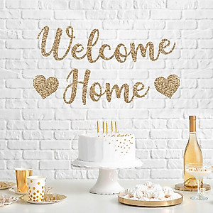 Pre-strung Welcome Home Banner - No DIY - Gold Glitter Script Welcome Home Banner - Pre-strung on 6 ft Strand - Housewarming, Homecoming, & Military Return Party Decorations. Did We Mention No DIY