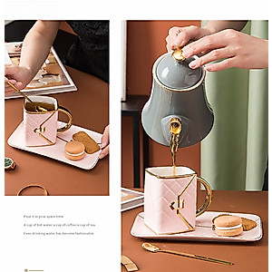 Anvirtue Handbag-Shaped Creative Ceramic Mug With Saucer Porcelain Tray & Spoon for Coffee, Hot Chocolate, Cappuccino, and Latte Breakfast (PINK)