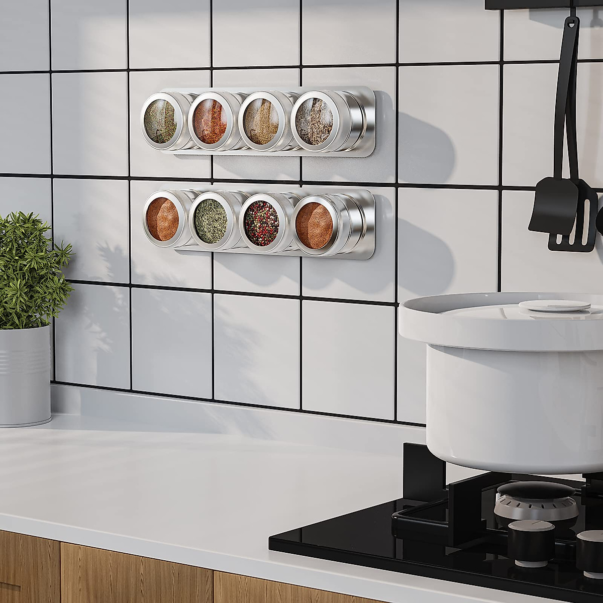 Vetacsion Set of 8 Magnetic Spice Tins with 2 Metal Wall-Plates,100 Preprinted Seasoning Label Stickers,2 Styles for 3 oz Herb Jars