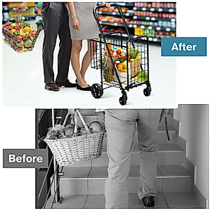 IRONMAX Grocery Shopping Cart, Foldable Heavy Duty Utility Cart w/Adjustable Handle, Extra Basket & 360° Rolling Swivel Wheels, Lightweight Trolley Cart for Grocery Laundry Luggage (Black)