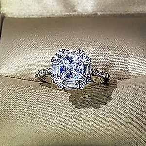 S925 Sterling Silver Simulated Diamond Ring 18k Platinum Moissanite Four-claw Princess Solitaire Ring Fashion Ultra Flash Diamond 4 Carat Zircon Wedding Engagement Ring (US Code 7)