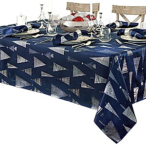 Newbridge Navy Blue and Silver Fancy Metallic Christmas Trees Fabric Holiday Tablecloth, Xmas Tree Contemporary Soil Resistant Easy Care Tablecloth, 60” x 84” Oblong/Rectangle Navy/Silver