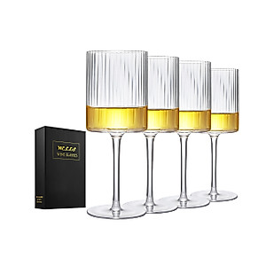 Large Ribbed Square Wine Glasses Set of 4 Crystal,17oz Clear Cylinder Fluted Glassware Flat Bottom,Hand Blown White Red Wine Glass with Long Stem,Copas de Vino,Modern Unique Gift for Wedding,Party