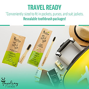 Traveling Panda Bamboo Toothbrushes Soft Bristles, Travel Toothbrush Kit, Includes Brushes and Mint Toothpaste Tablets, Essentials for On The Go Teeth Brushing, 2 Mini 2 Large Brushes and 60 Tabs