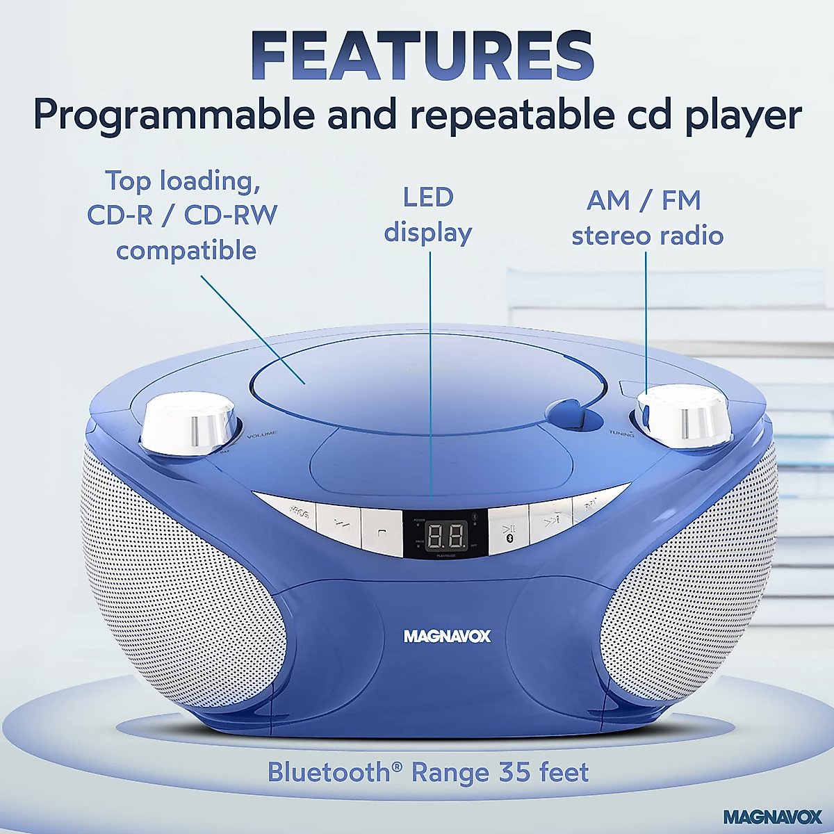 Magnavox MD6949 Portable Top Loading CD Boombox with AM/FM Stereo Radio and Bluetooth Wireless Technology in Black | CD-R/CD-RW Compatible | LED Display | (Blue)