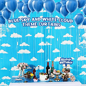 XunYee 3 Pack Blue Sky White Clouds Birthday Party Supplies, Clouds Theme Tinsel Foil Fringe Curtains Toy Party Supplies, Cartoon Story Backdrop for Baby Shower Birthday Party Decorations